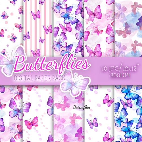Blue Butterfly Digital Paper. Watercolor Butterfly Seamless | Etsy