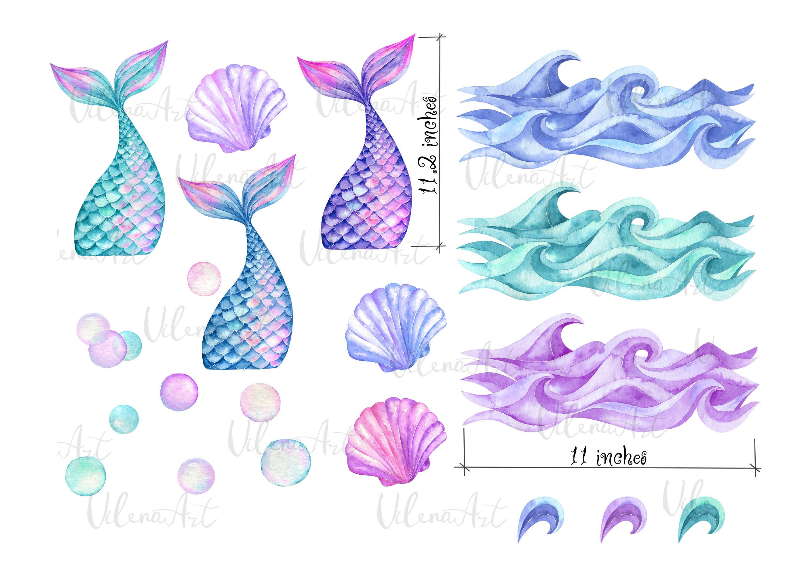 Watercolor Mermaid Tails Clipart Shells waves clip art | Etsy