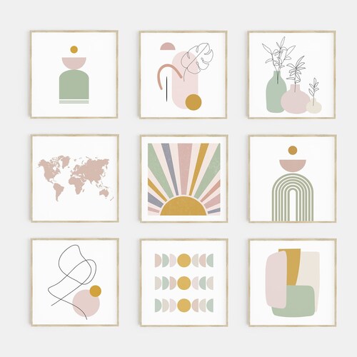 Gallery Wall Set Pink and Green Prints Square Print Set - Etsy