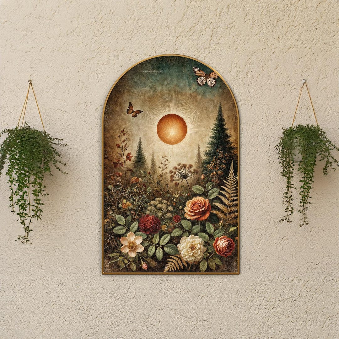 Dark Cottage, Arched Cottagecore Art, Woodland Sun, Boho Canvas Print ...