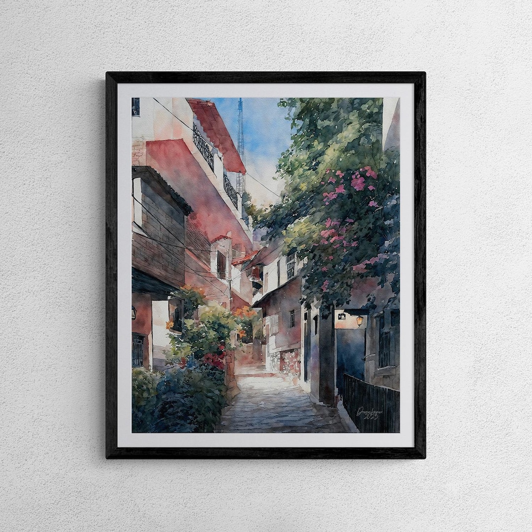 Puerto Vallarta Old Town Watercolor Print Charming Mexican Streetscape