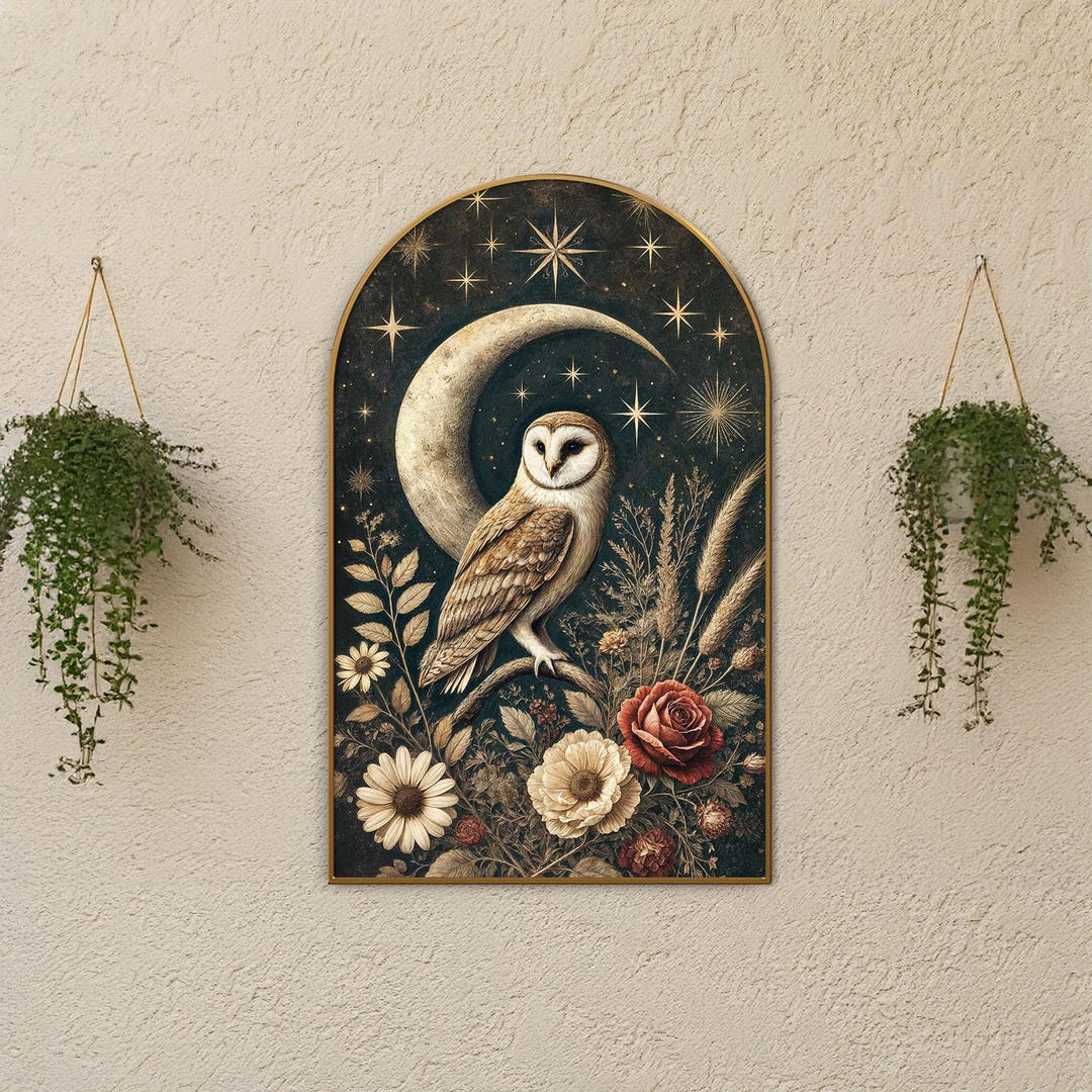 Dark Cottagecore Barn Owl Print, Starry Moonlit Floral Arch Canvas ...