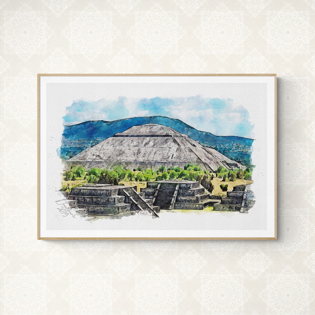 Pyramid of the Sun Mexico City Watercolor Print, Museum Quality Artful ...