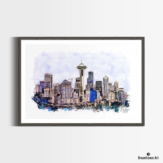 Seattle Skyline Watercolor Print Washington Wall Art Poster - Etsy