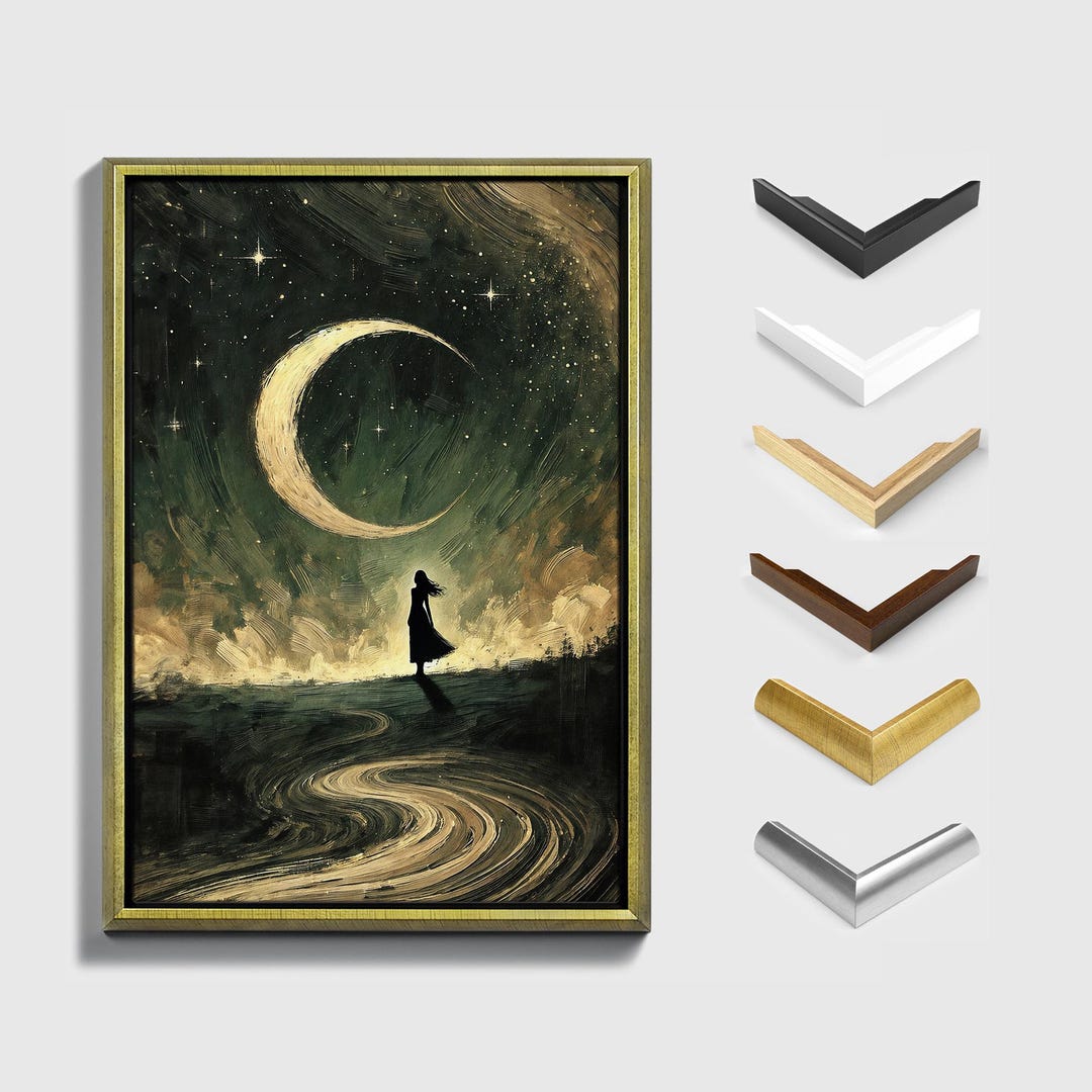 Mystical Moonlight Wall Art, Silhouetted Woman Under Crescent Moon ...
