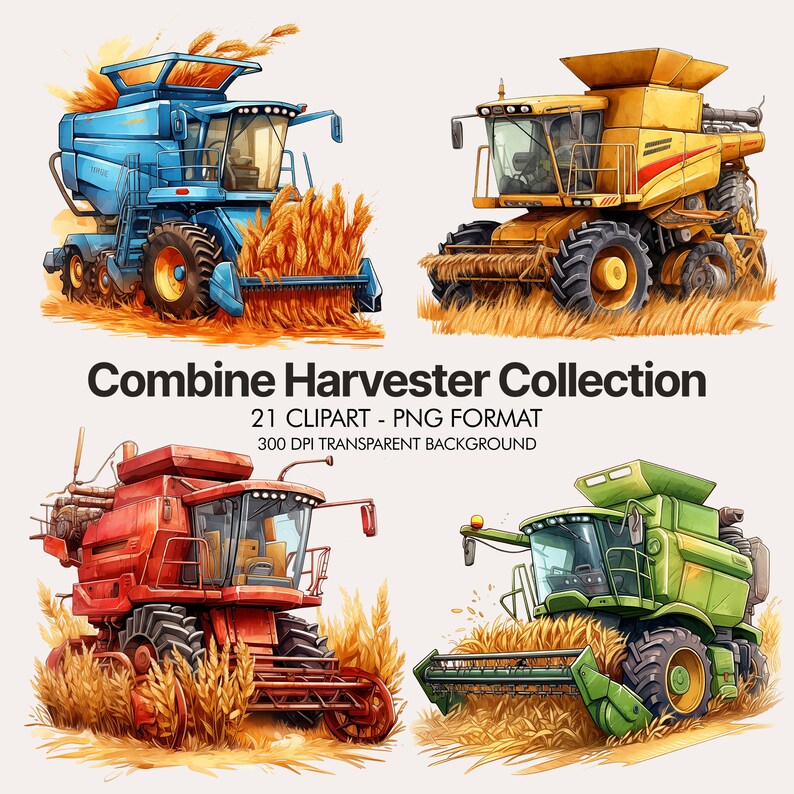 Combine Harvester Truck Clipart Bundle Transparent PNG Agriculture Farming Machinery Farm ...