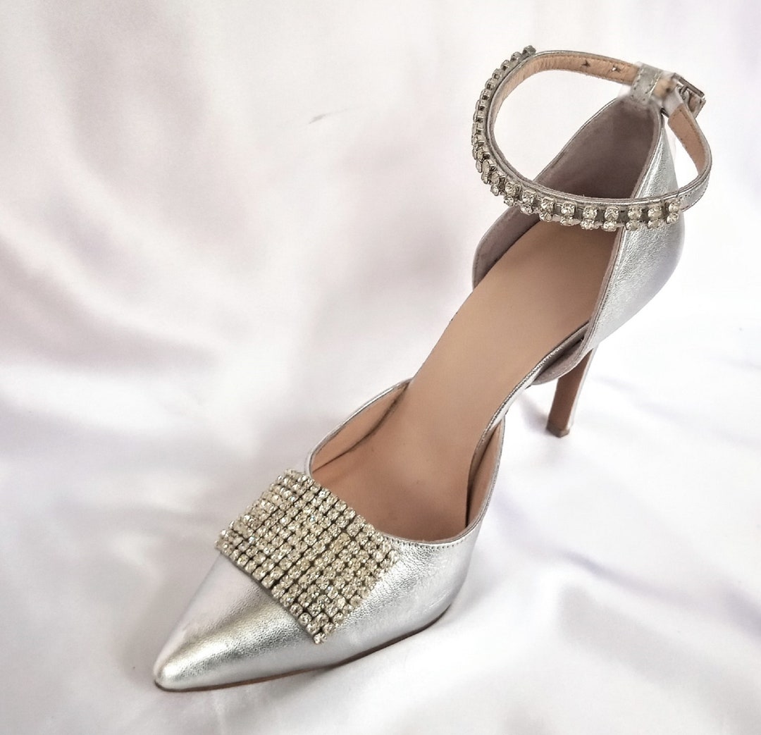 Silver Wedding Bridal Shoes/handmade Pointed Leather Shoes/ Rhinestone ...
