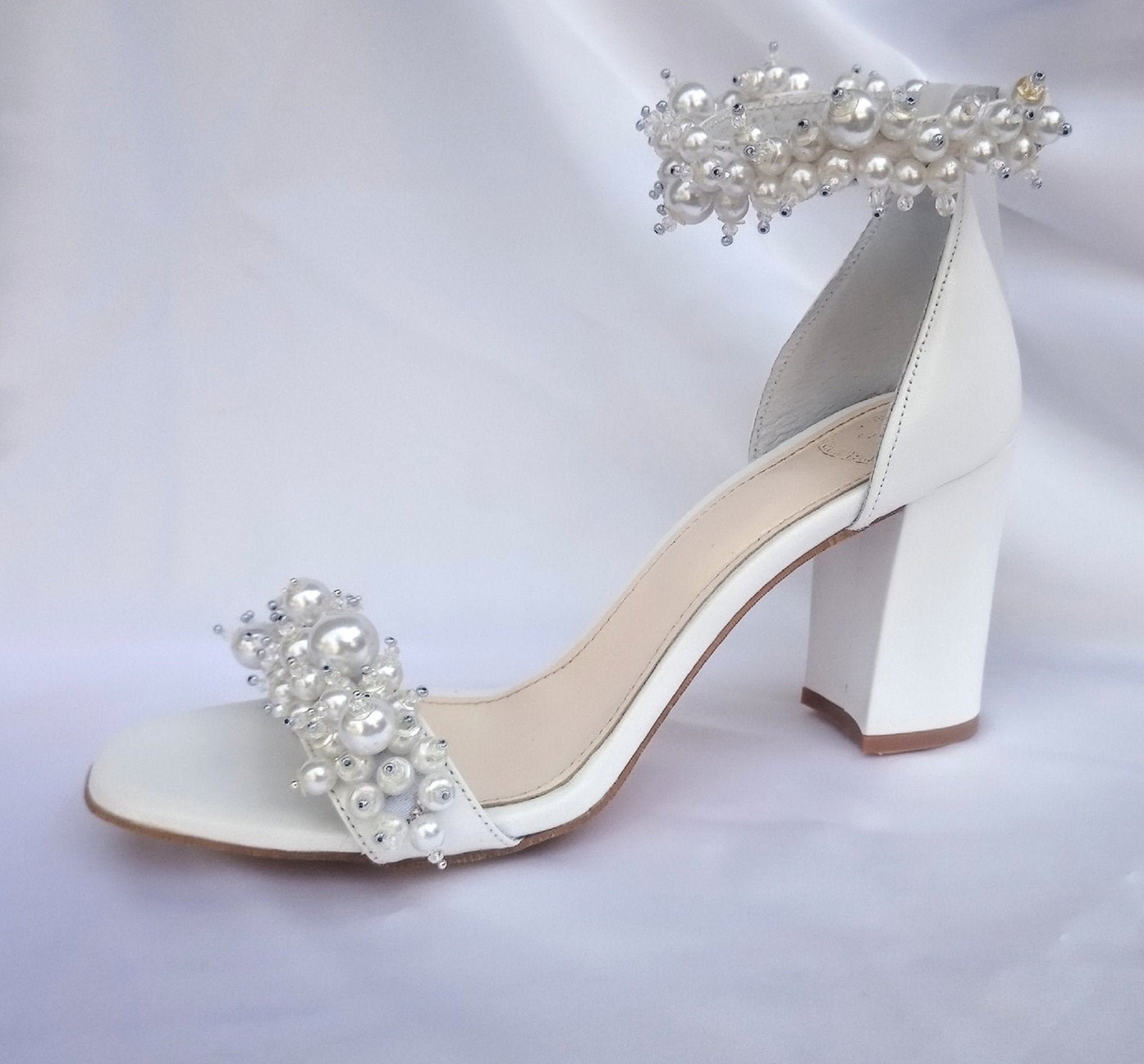 Wedding Shoes for Bride With Pearls/ Bridal Shoes Block Heel/ White ...