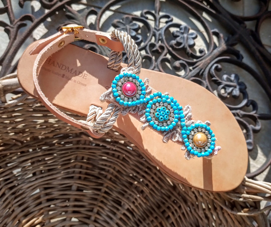 Turquoise Sandals/ Boho Sandals/ Women Flat Leather Sandals/ - Etsy