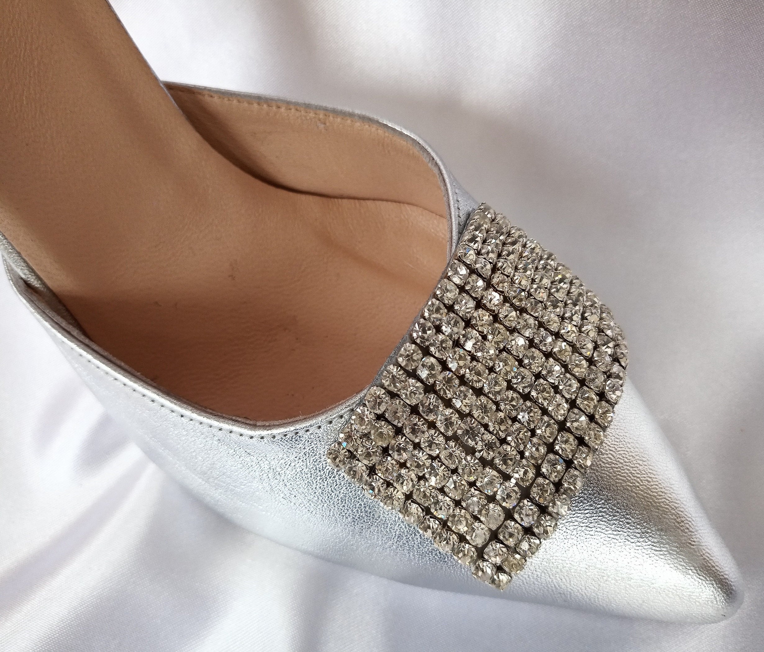 Silver Wedding Bridal Shoes/handmade Pointed Leather Shoes/ Rhinestone ...