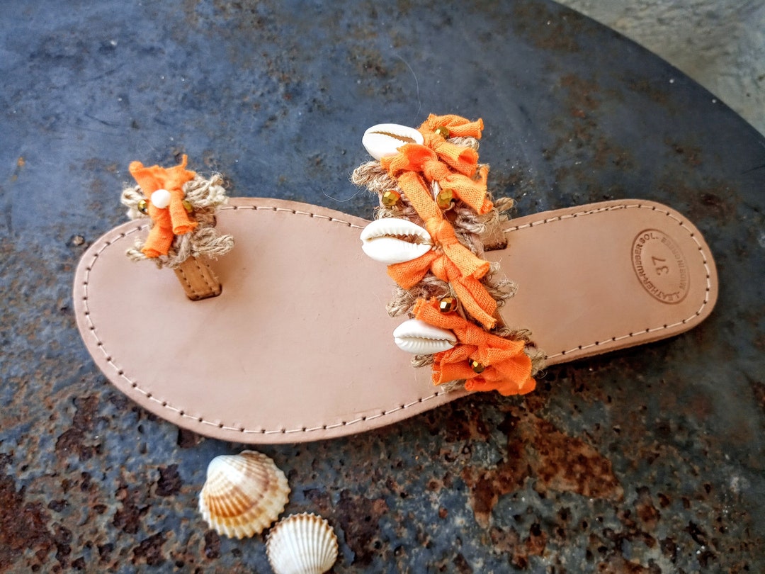 Sea Shell Sandals/slides/wedding Sandals/handmade Shoes/orange Leather ...