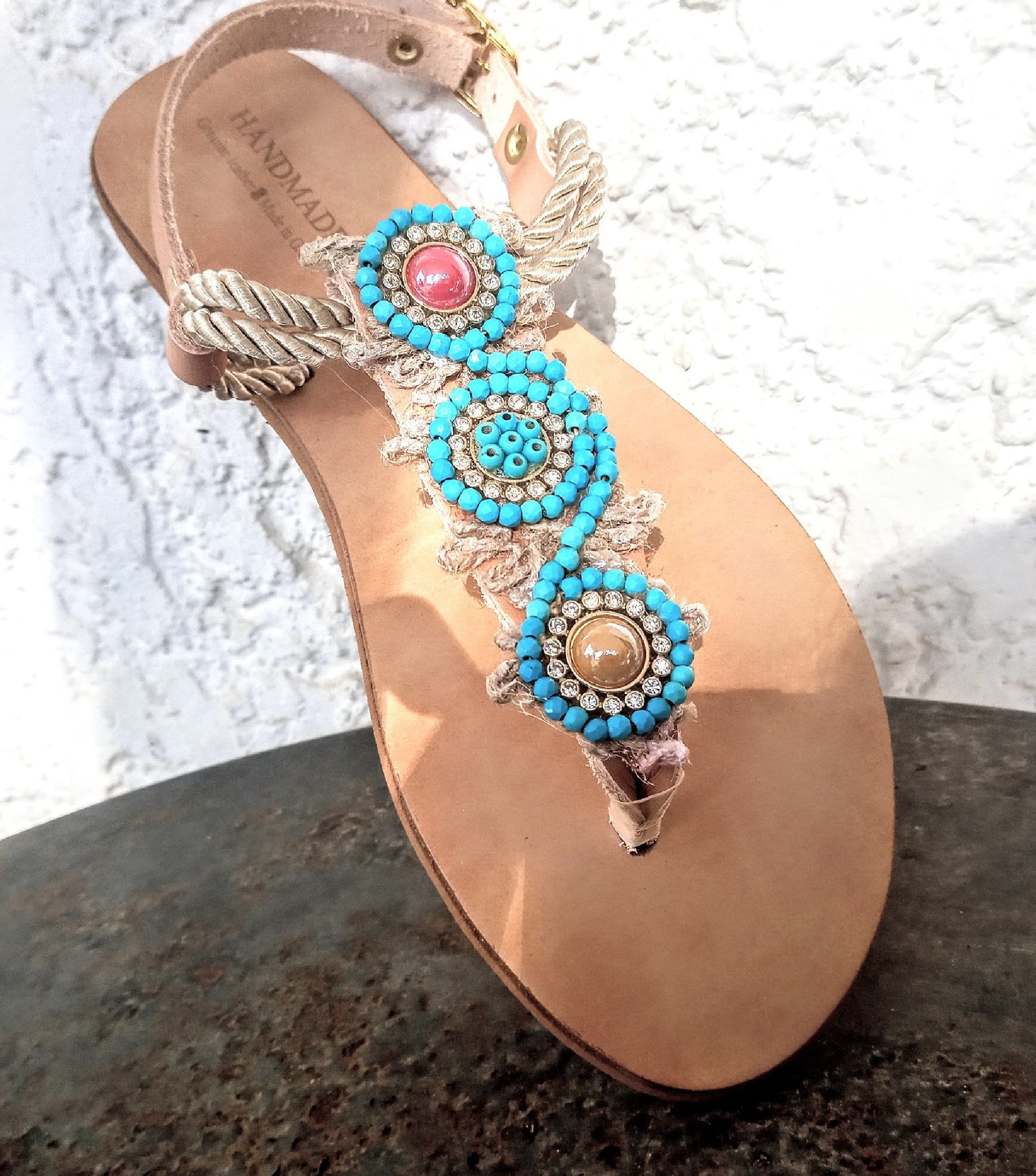 Turquoise sandals/ Boho sandals/ Women Flat Leather Sandals/ | Etsy