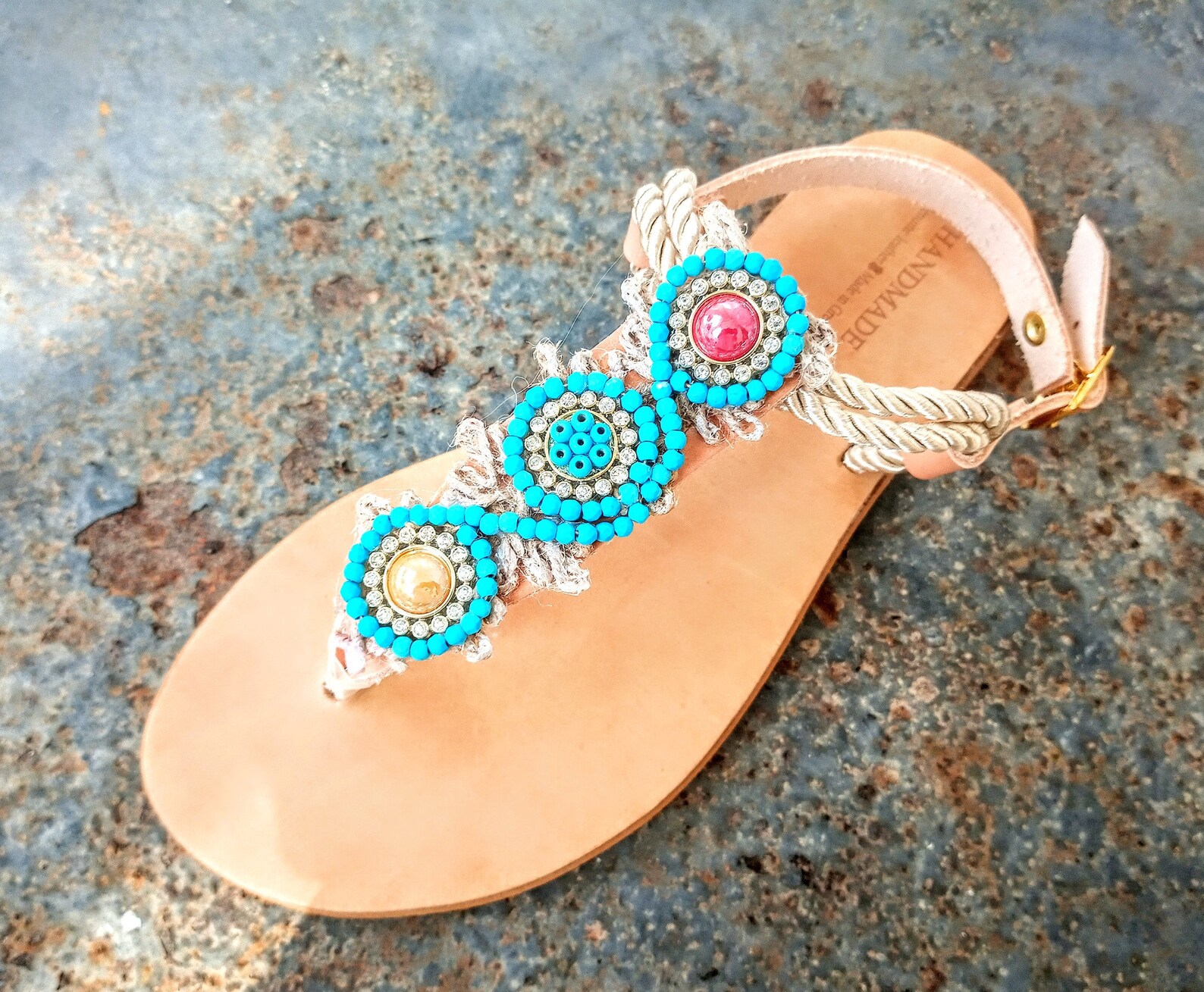 Turquoise sandals/ Boho sandals/ Women Flat Leather Sandals/ | Etsy