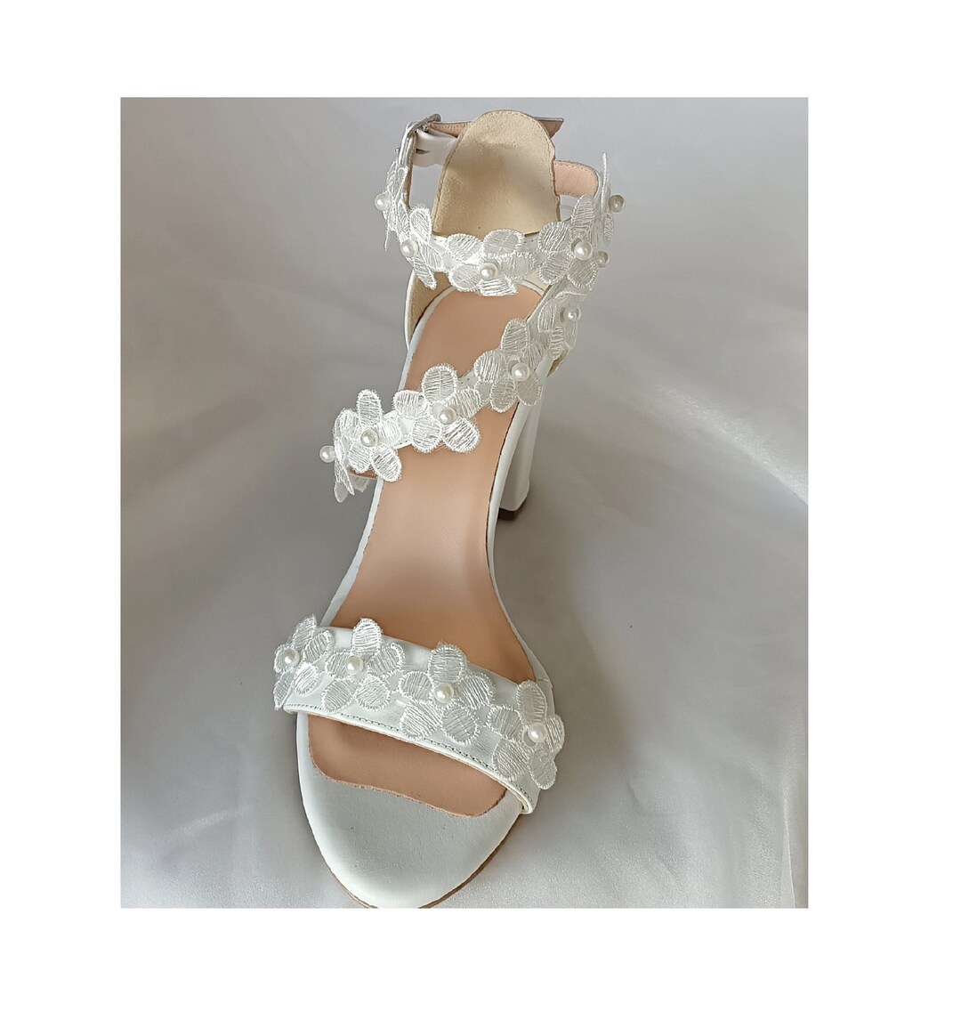 Block Heel Wedding White Sandals/ Handmade Comfortable Pearl Heels ...