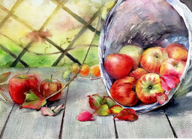 Original watercolor small apples and fall leaves autumn | Etsy