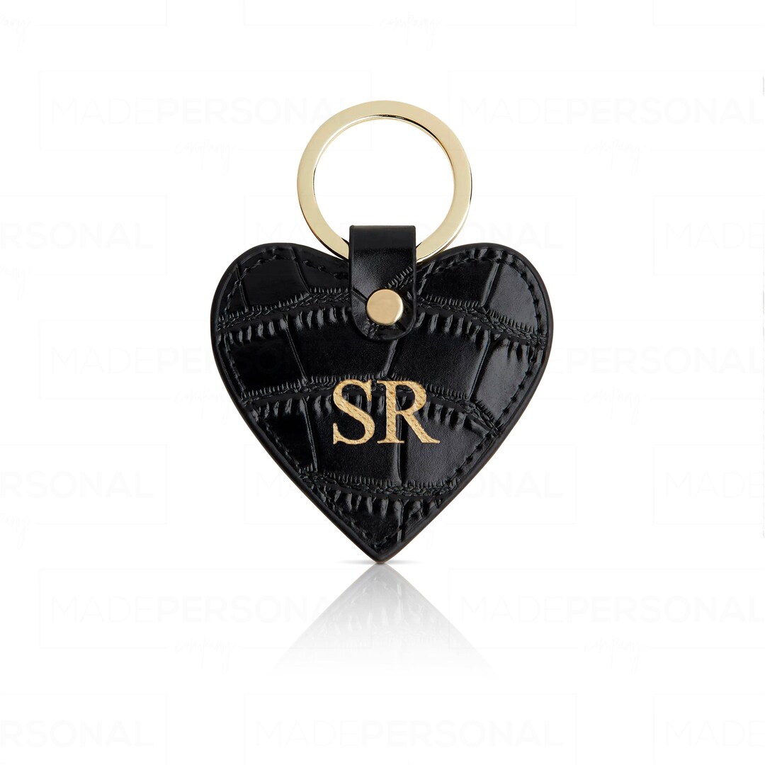 Black Croc Leather Heart Keyring, Personalised Genuine Saffiano Leather ...