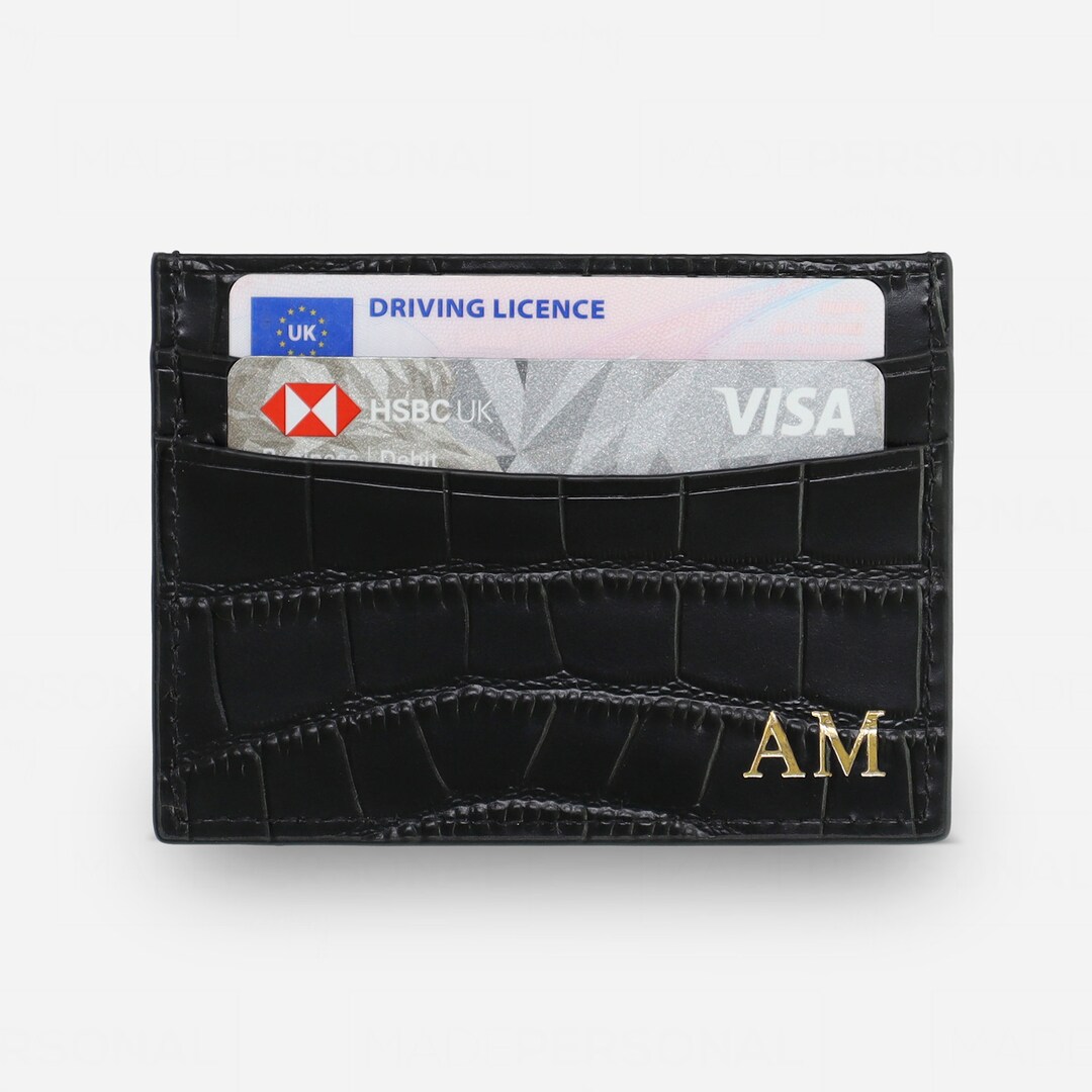 Personalised Card Wallet, Black Croc Leather Card Holder, Monogrammed ...