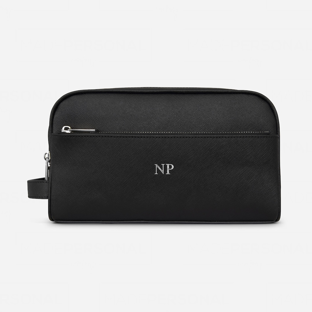Personalised Leather Wash Bag With Strap, Black Saffiano Leather ...