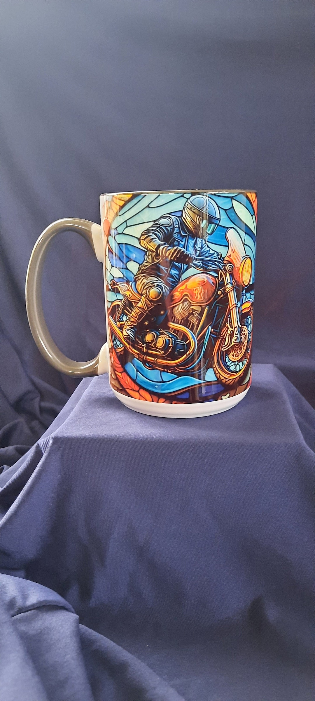 15oz. Stained Glass Motorcycle Design Coffee Mug. Cool Vintage Style ...