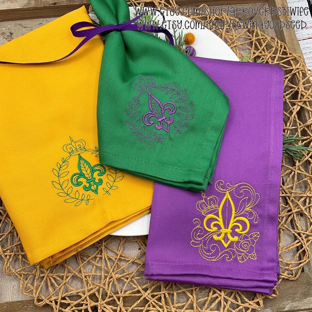 Embroidered Cotton Blend Mardi Gras Napkin | Fleur De Lis With Crown - Etsy