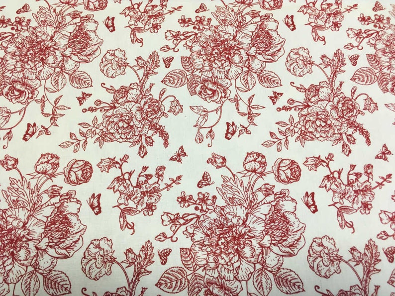 Toile De Jouy Flowers and Butterflies Pattern Fabric | 100% Pure Cotton ...