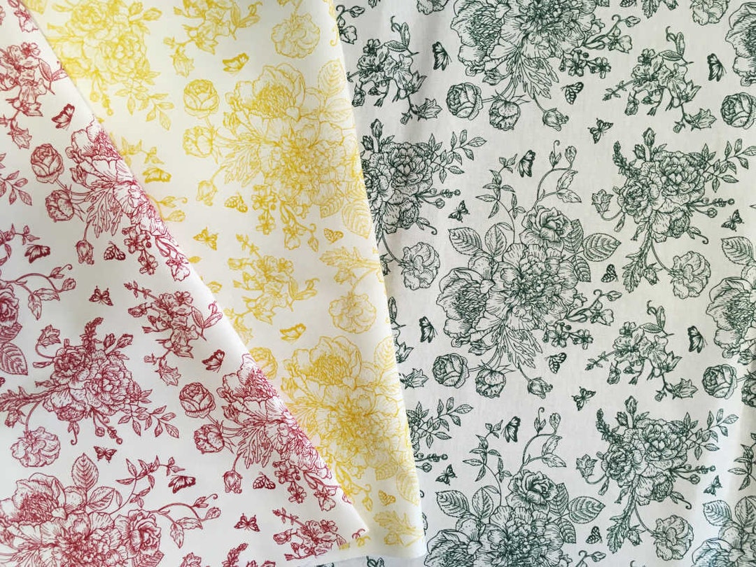 Toile De Jouy Flowers and Butterflies Pattern Fabric | 100% Pure Cotton ...
