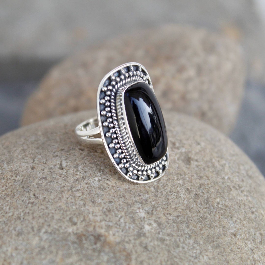 Black Onyx Ring, Natural Gemstone, Rectangle Shape Stone, Handmade Ring ...
