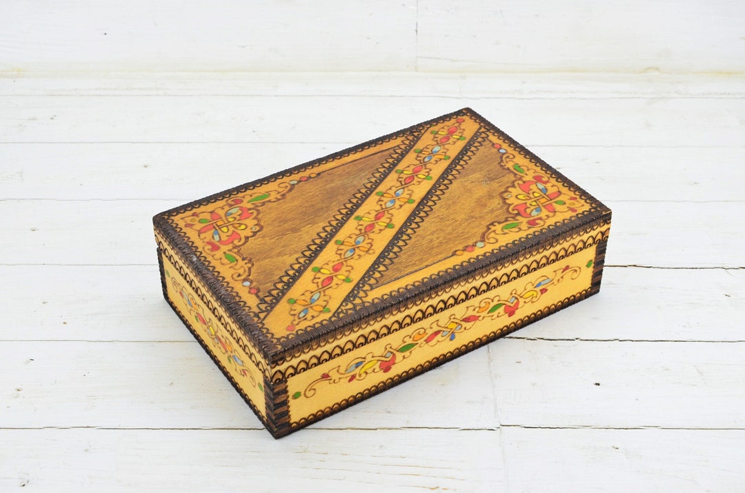 Vintage Wooden Pyrography Box , Old Wood Jewellery Box, Unused - Etsy