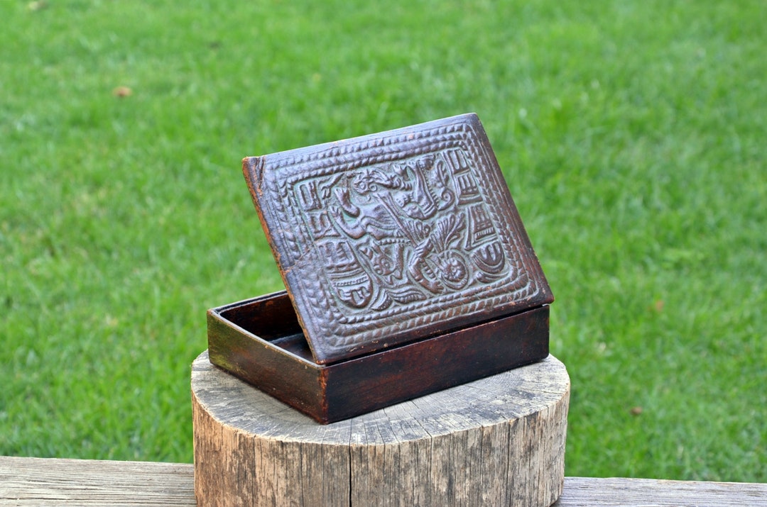 Leather Box, Vintage Brown Genuine Leather Box, Jewelry Box, Round ...