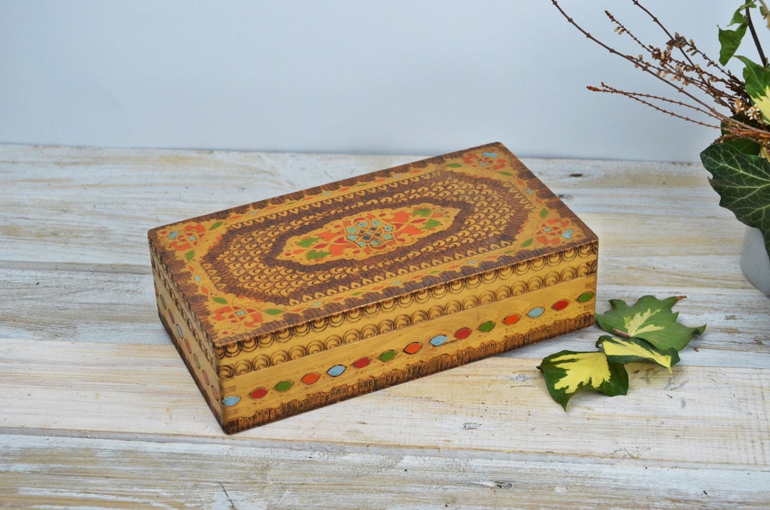 Vintage Wooden Pyrography Box , Old Wood Jewellery Box , Pencil Case ...
