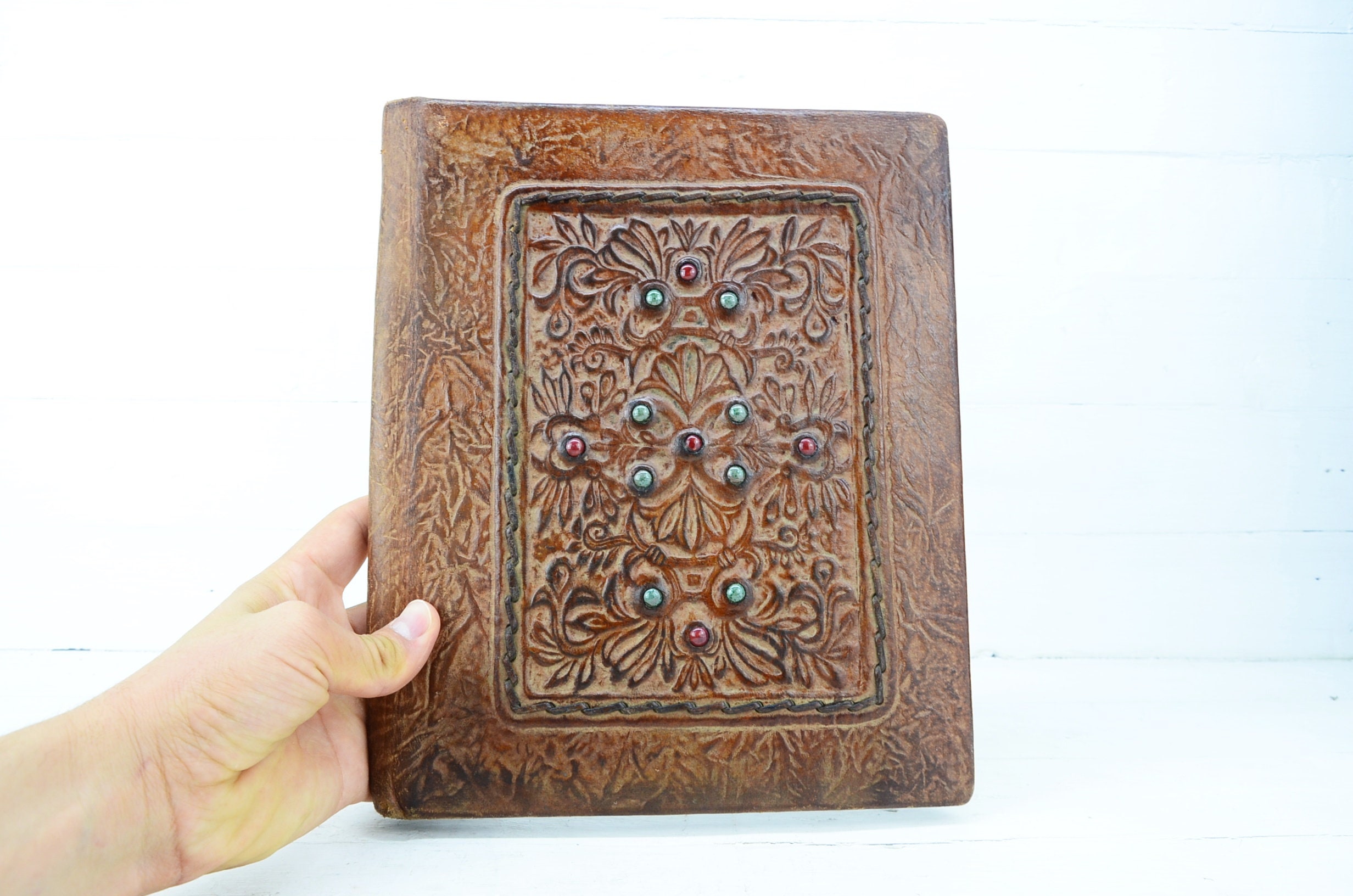 Vintage Leather Folder Handmade Embossed Leather Book Cover - Etsy UK