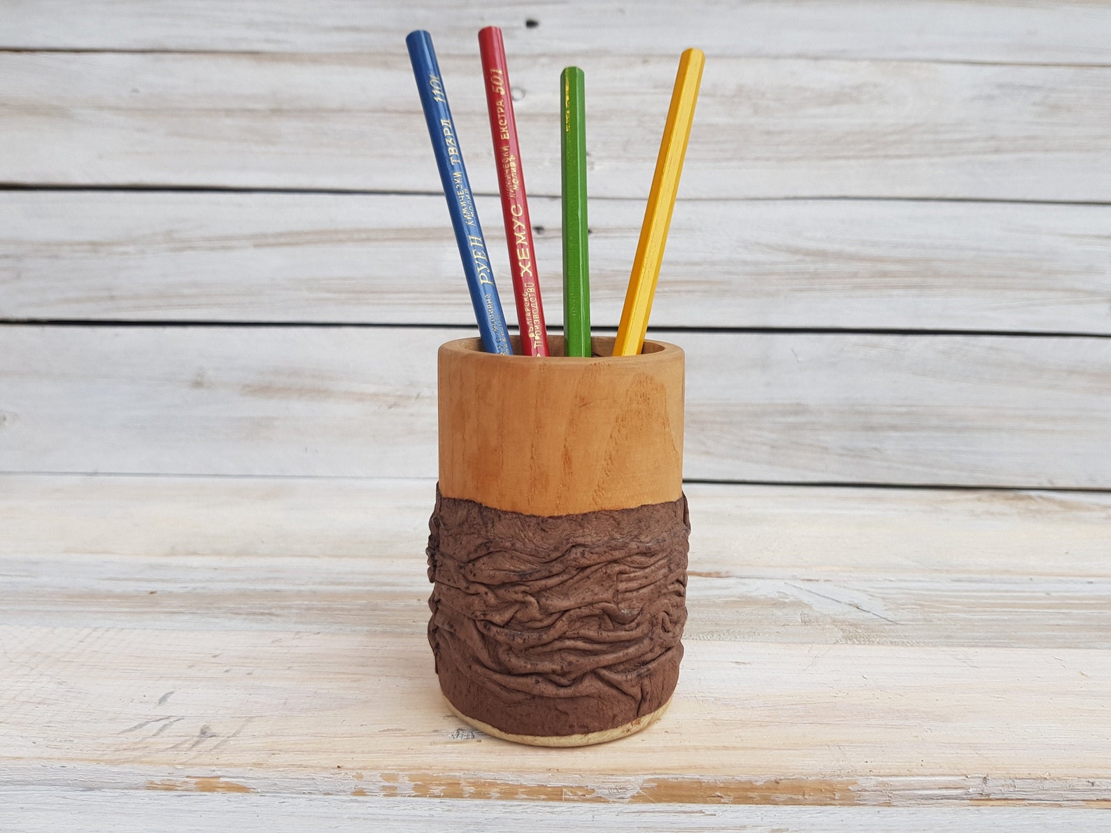 Wood and Genuine Leather Pen Cup Vintage Pencil Cup Holder | Etsy