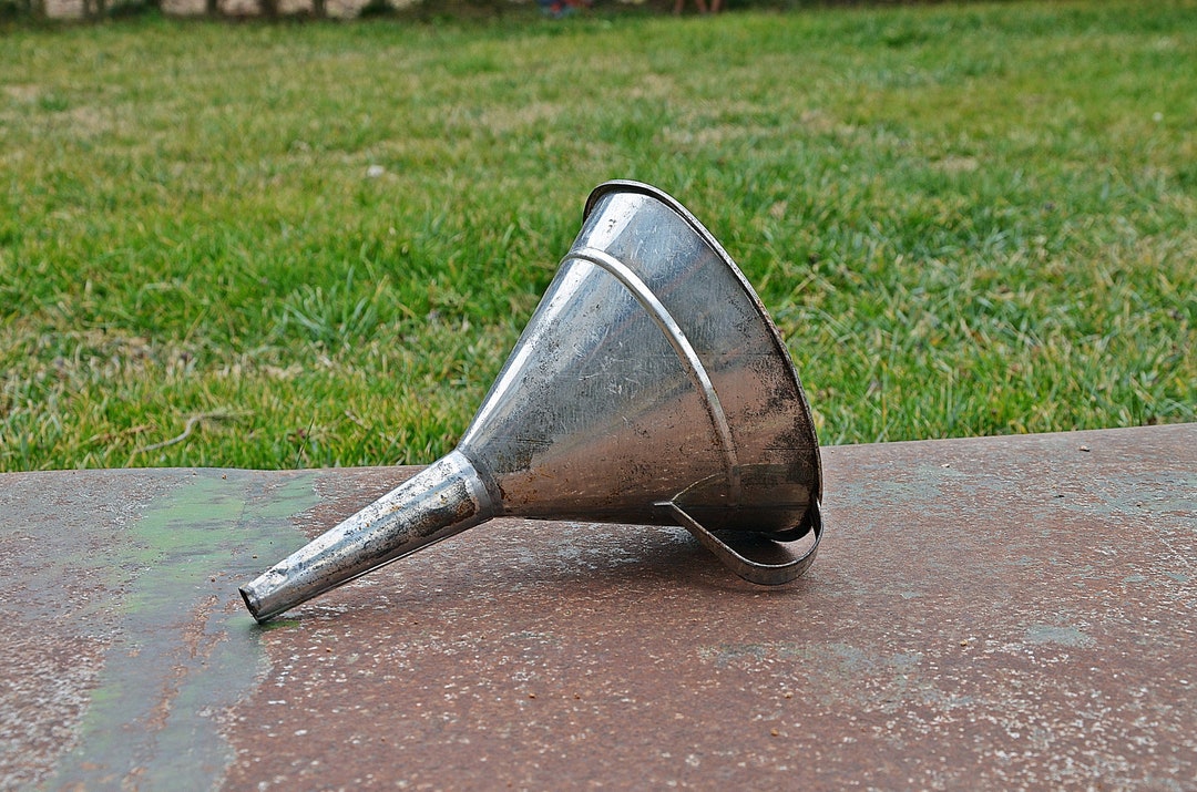 Vintage Metal Funnel, Metal Fuel Funnel, Large Oil Funnel, Antique ...