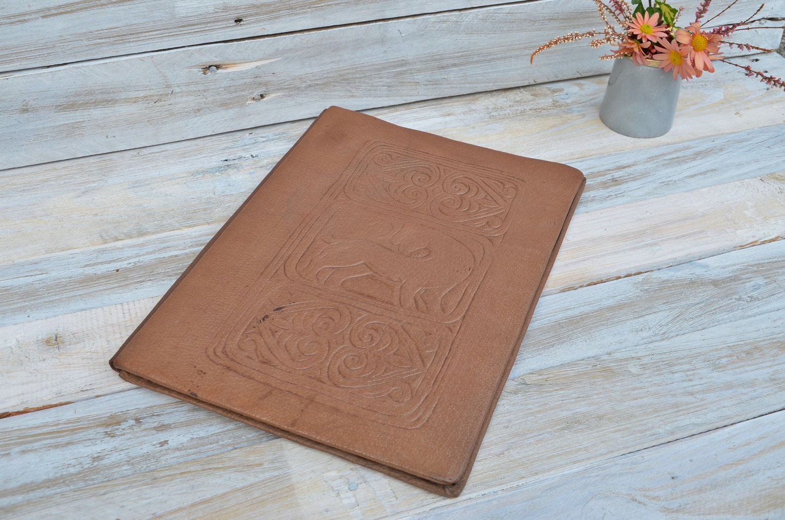 Vintage Leather Folder Handmade Embossed Leather Book Cover | Etsy