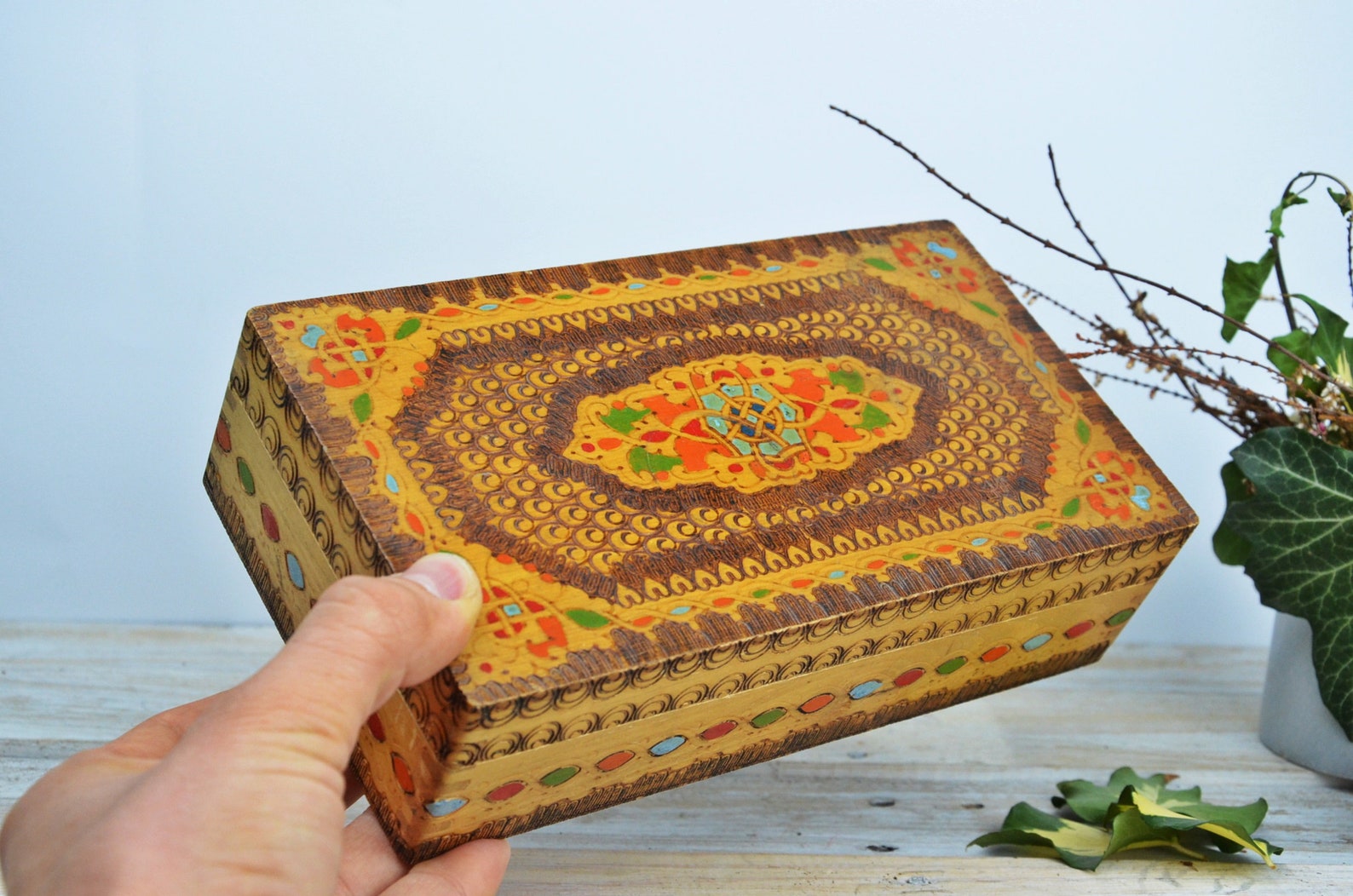 Vintage Wooden Pyrography Box Old Wood Jewellery Box - Etsy