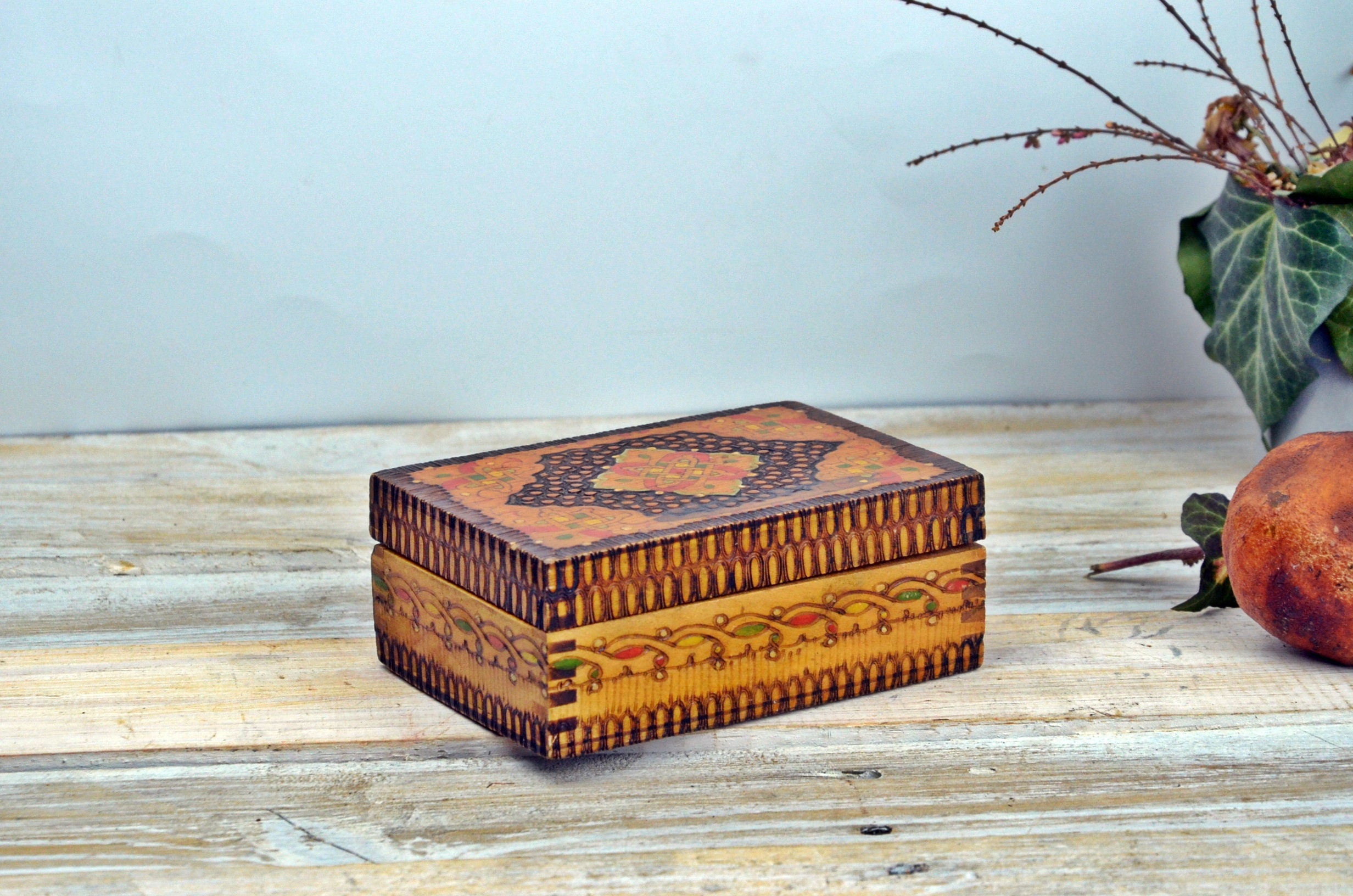Vintage Wooden Pyrography Box Old Wood Jewellery Box Pencil | Etsy