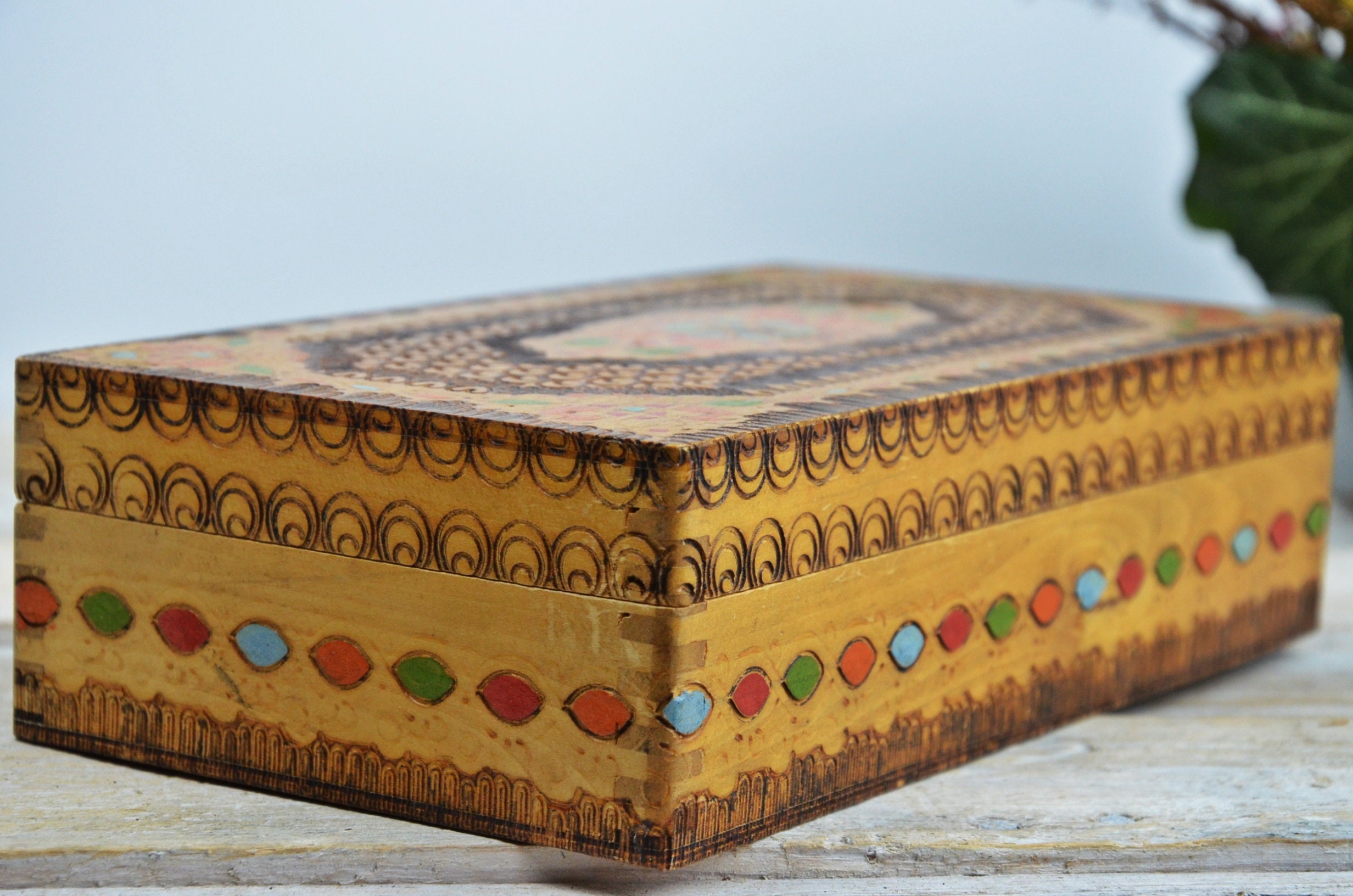 Vintage Wooden Pyrography Box Old Wood Jewellery Box | Etsy