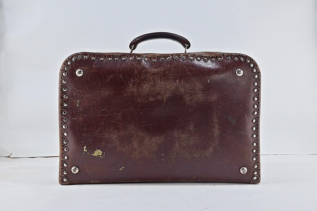 Buy Vintage Brown Leather Briefcase: Metal Studded Rustic Luggage ...