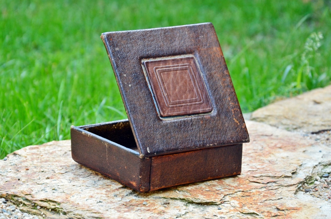 Leather Box, Vintage Brown Genuine Leather Box, Jewelry Box, Round ...