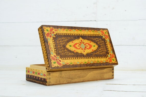 Vintage Wooden Pyrography Box Old Wood Jewellery Box - Etsy