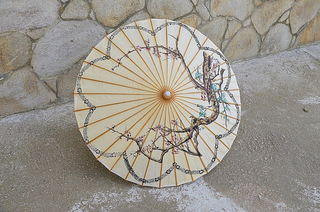 Vintage Japanese Paper Parasol – Hand-painted Floral Rice Paper ...