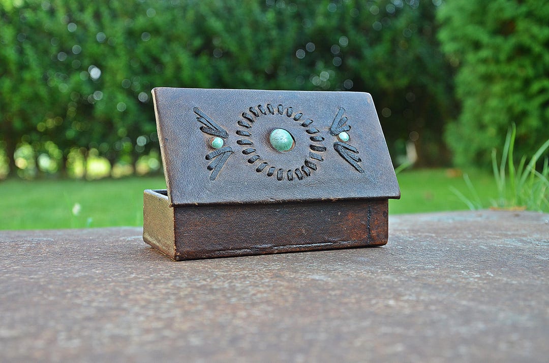 Leather Box, Vintage Genuine Leather Box, Jewelry Box, Round Leather ...