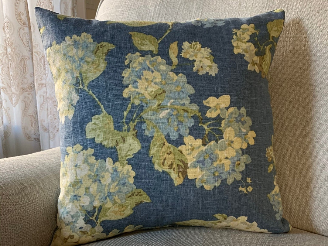 Blue Hydrangea Pillow Cover, Linen Floral Toss Pillow, Cottagecore ...