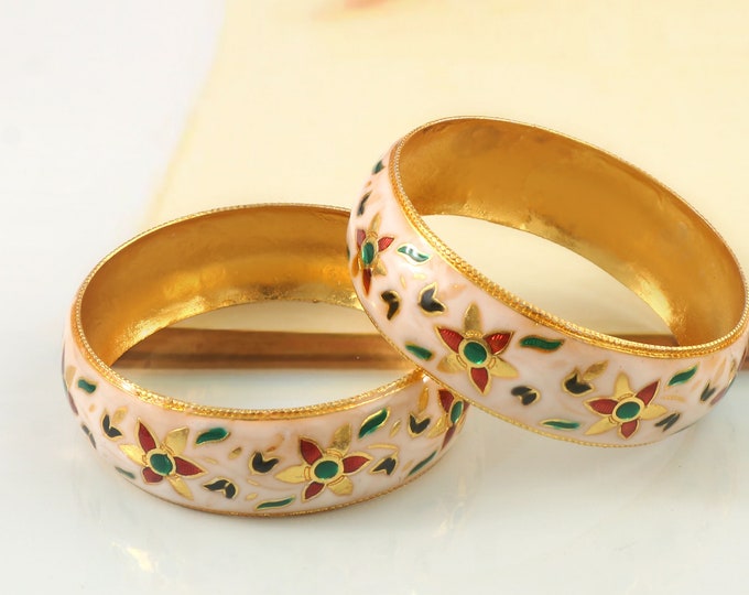 Hand Painted Multi Enameled Flower Bangles - Designer Handmade Ivory White Kada Bangles - Indian ...