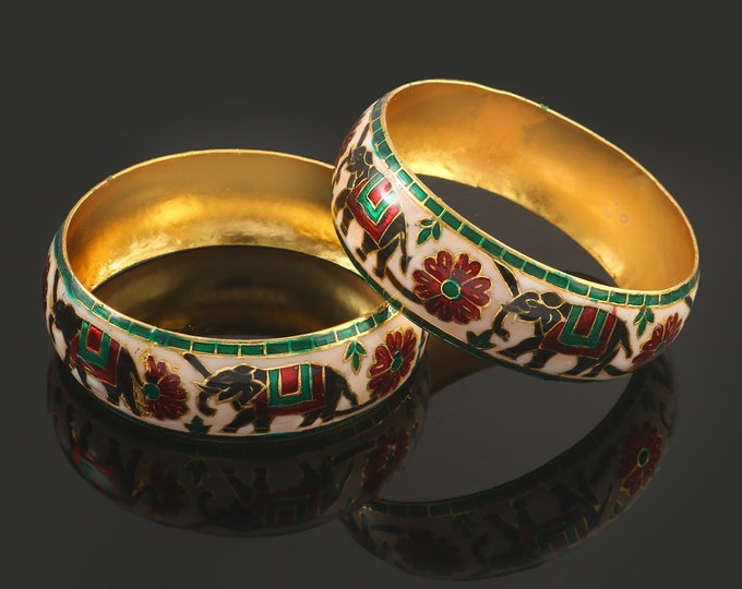 Hand Painted Multi Enameled Elephant Bangles - Designer Handmade Ivory White Kada Bangles ...