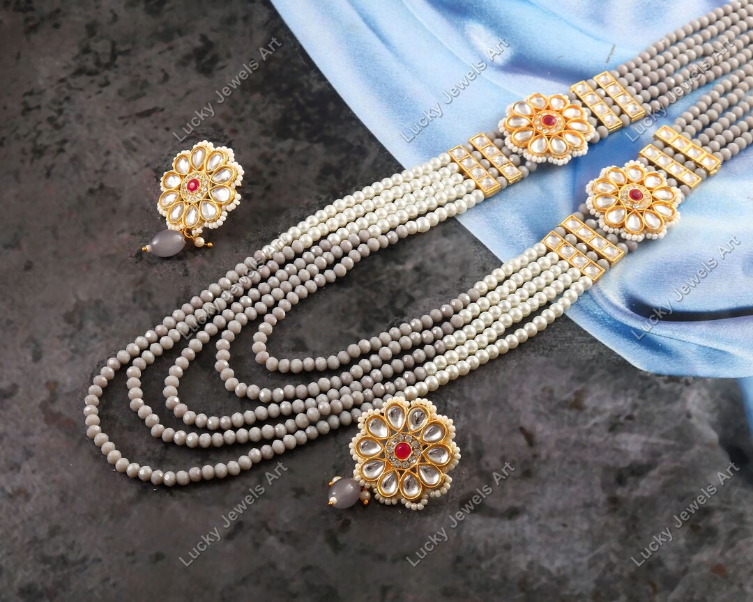 Jodha Akbar Faceted Gray Beaded Necklace Set- Kundan Flower Rani Haar ...