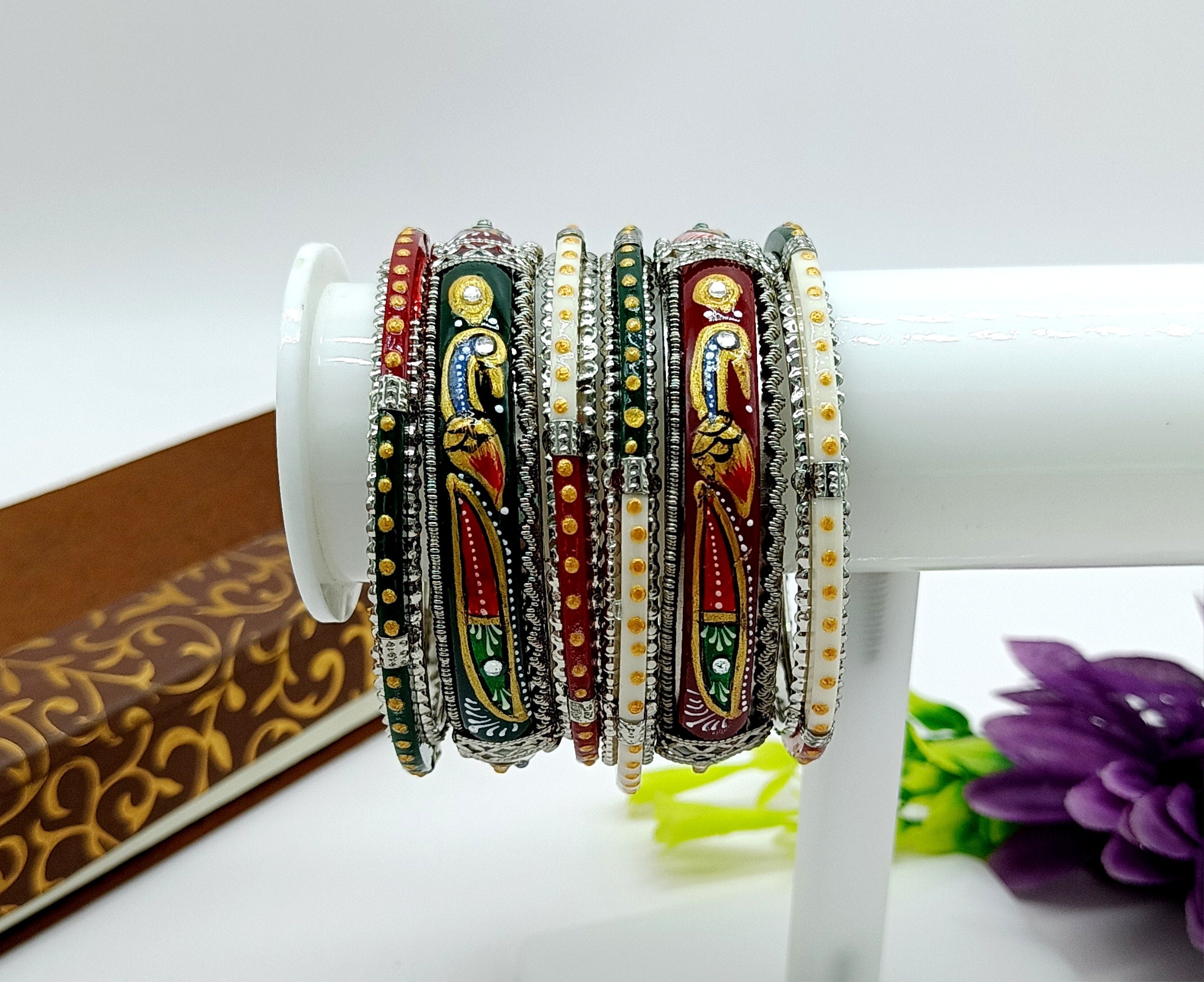 6 Bangles Set - Hand Painted Peacock Bangles - Wedding Bridal Bangles ...