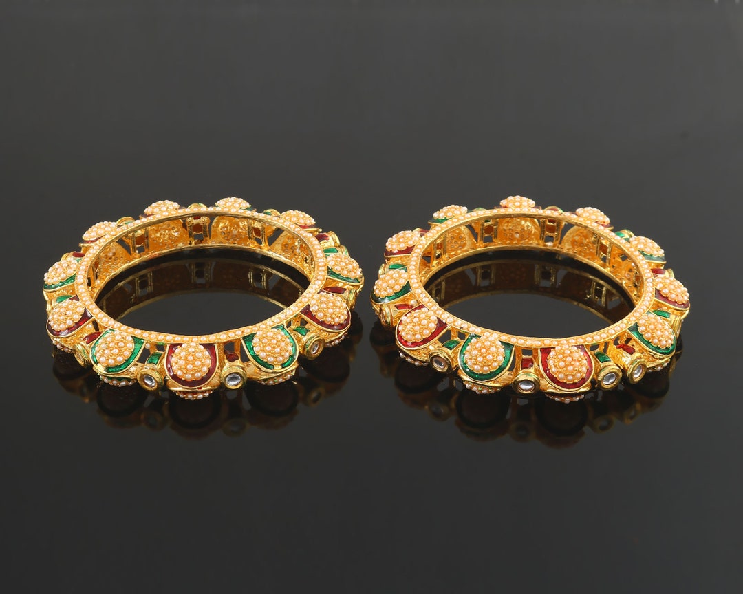 Hand Painted Jadau Pearl Bangles -22kt Gold Plated Kundan Bangles ...