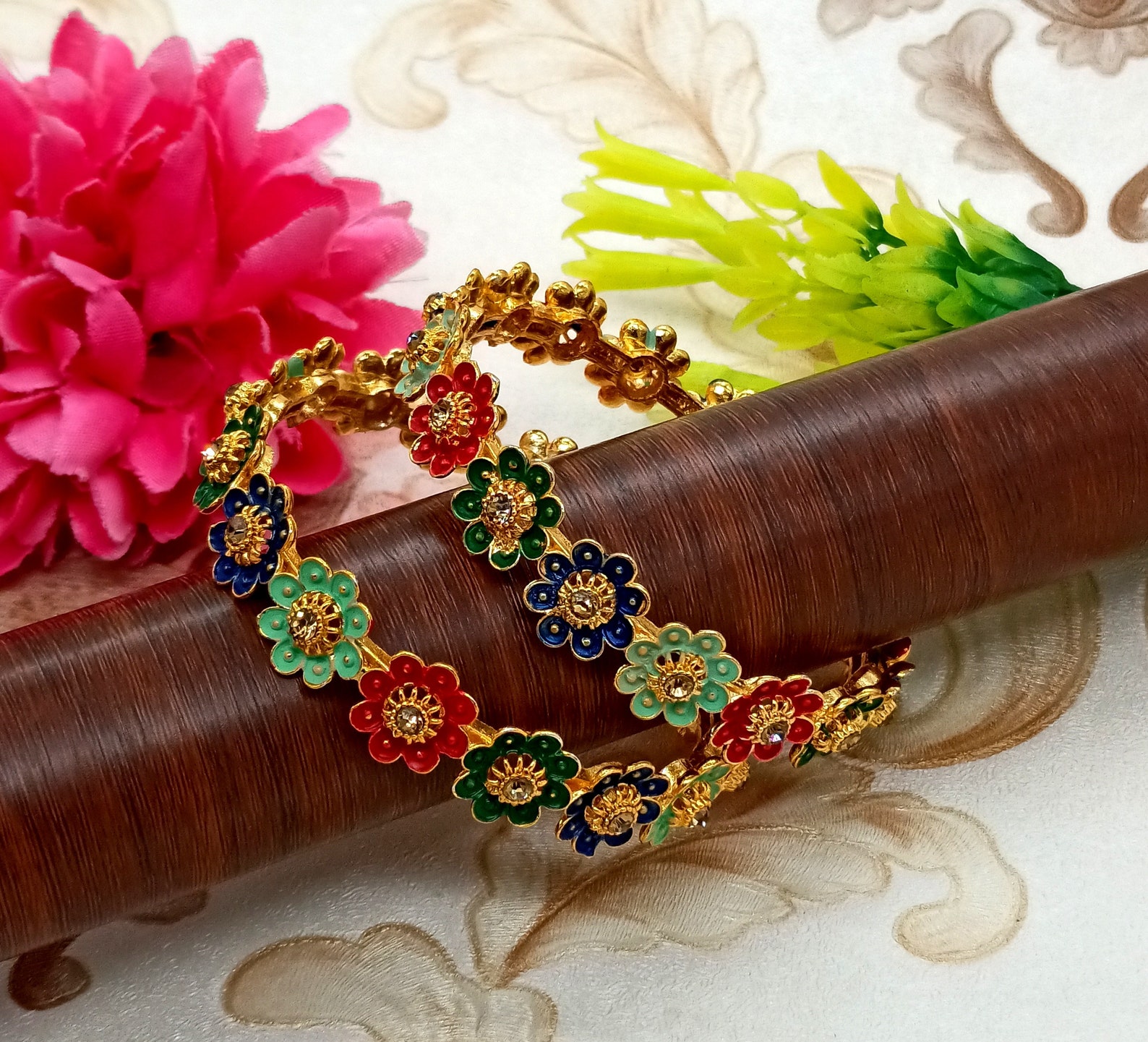 Hand Painted Multi Color Flower Bangles Gold Plated Zircon | Etsy