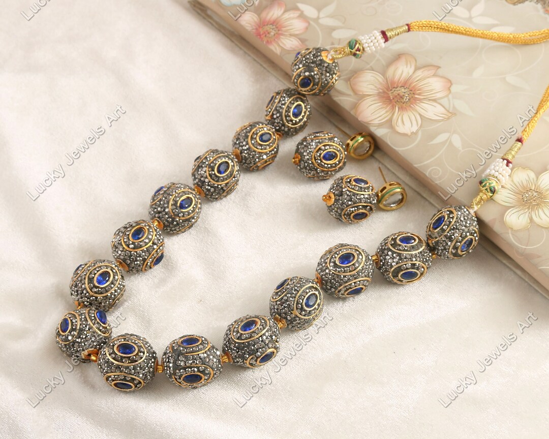 Gold Plated Rhine Stone Necklace Set - Adjustable Blue Stone Necklace W ...